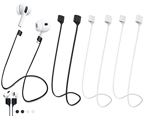 Magnetic Anti-Lost Straps for AirPods Accessory, Colorful Soft Silicone Sports Lanyard.Ultra Strong Cord Anti-Lost Leash Sports String, Neck Rope Cord, [4 Pack] (Black+Black+White+White)