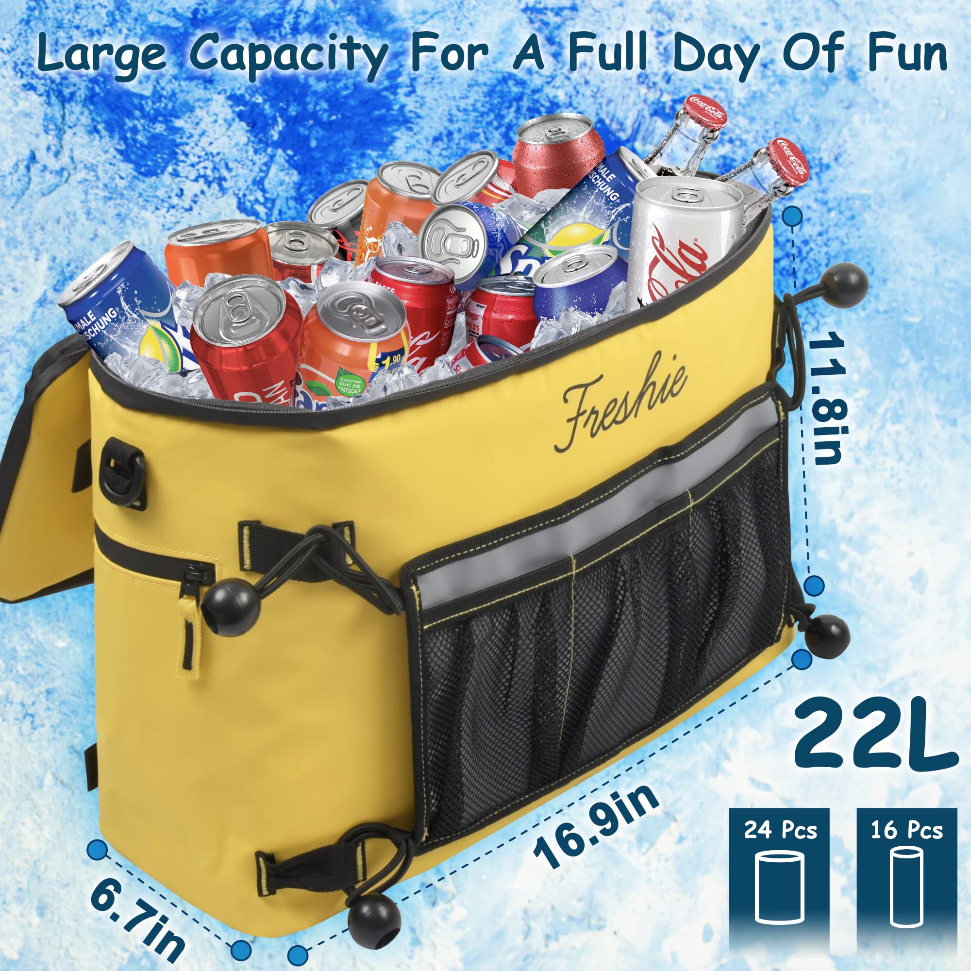 Freshie Insulated Kayak Cooler Bag with Cup Holders/Drink Carriers Premium, for Outdoors, Beverage, Seat Back, Lawn-Chair, Stores Drinks and Keeps Them Cool All Day Kayaking (Yellow)