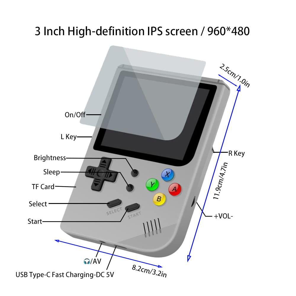 Diketigeey RG300 Handheld Game Console 2.8 Inch IPS Screen Open Source with 16 64G TF 5000+ Games 64Bit PS1 PCE 6 hours battery life Open Linux System Game Player (Gray)