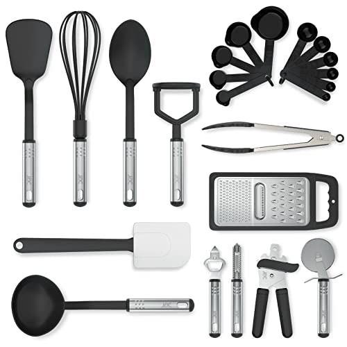 Cooking Utensil Set Stainless Steel 23 Piece Kitchen Gadget Tools Heat Resistant (Black)