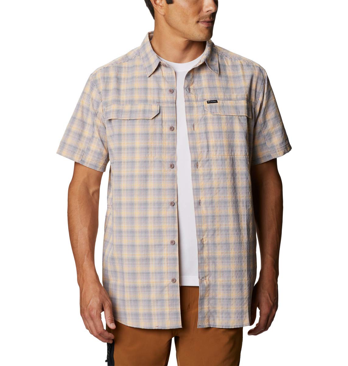 Columbia Men’s Silver Ridge Short Sleeve Seesucker Shirt, Moisture Wicking, Sun Protection, Mocha Gingham Ombre, Medium