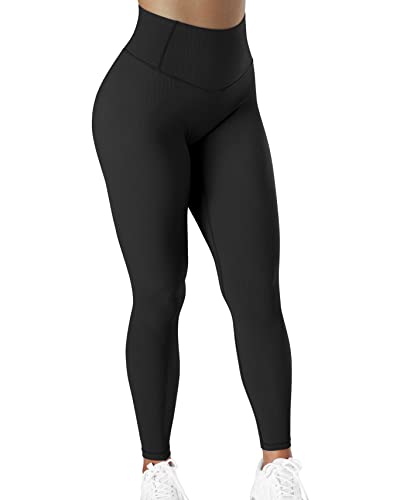 MOSHENGQI Womens High Waisted Seamless Ribbed Leggings Soft Slimming Yoga Pants(M,277-Black)