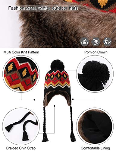 Comhats Winter Thick Peruvian Beanie Hat for Women Girl Wool Warm Ski Earflap Pompom Fur Skull Cap Red