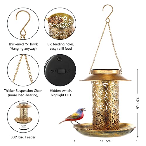 Enhon 2 Pack Solar Bird Feeder for Outdoors Hanging, Metal Wild Bird Feeder for Cardinals, Weather Resistance Solar Backyard Garden Lantern Light Decoration with S Hook as Gift Ideas for Bird Lovers