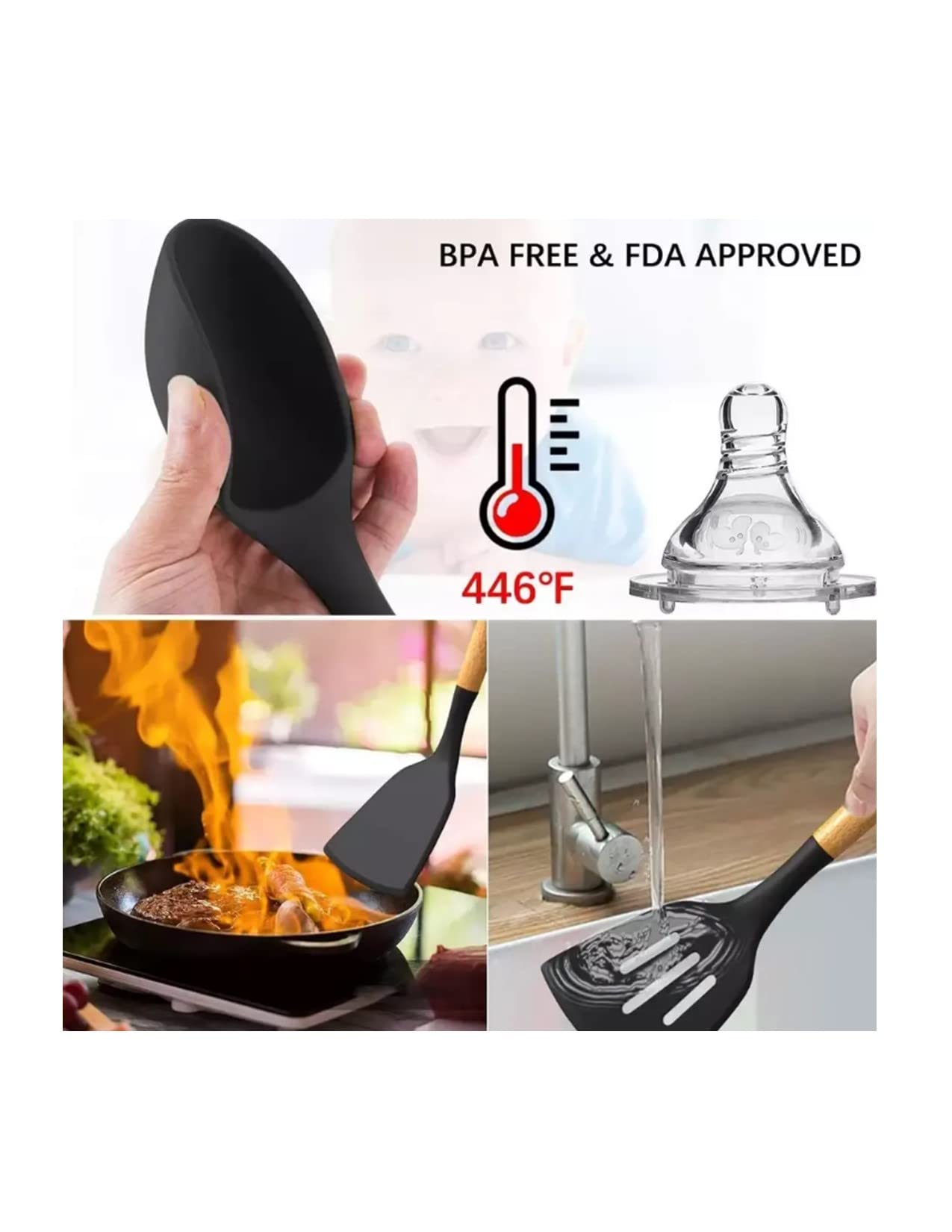 Cooking Utensils Set, 33 pcs Non-Stick Silicone Cooking Kitchen Utensils Spatula Set with Holder, Wooden Handle Silicone Kitchen Gadgets Utensil Set