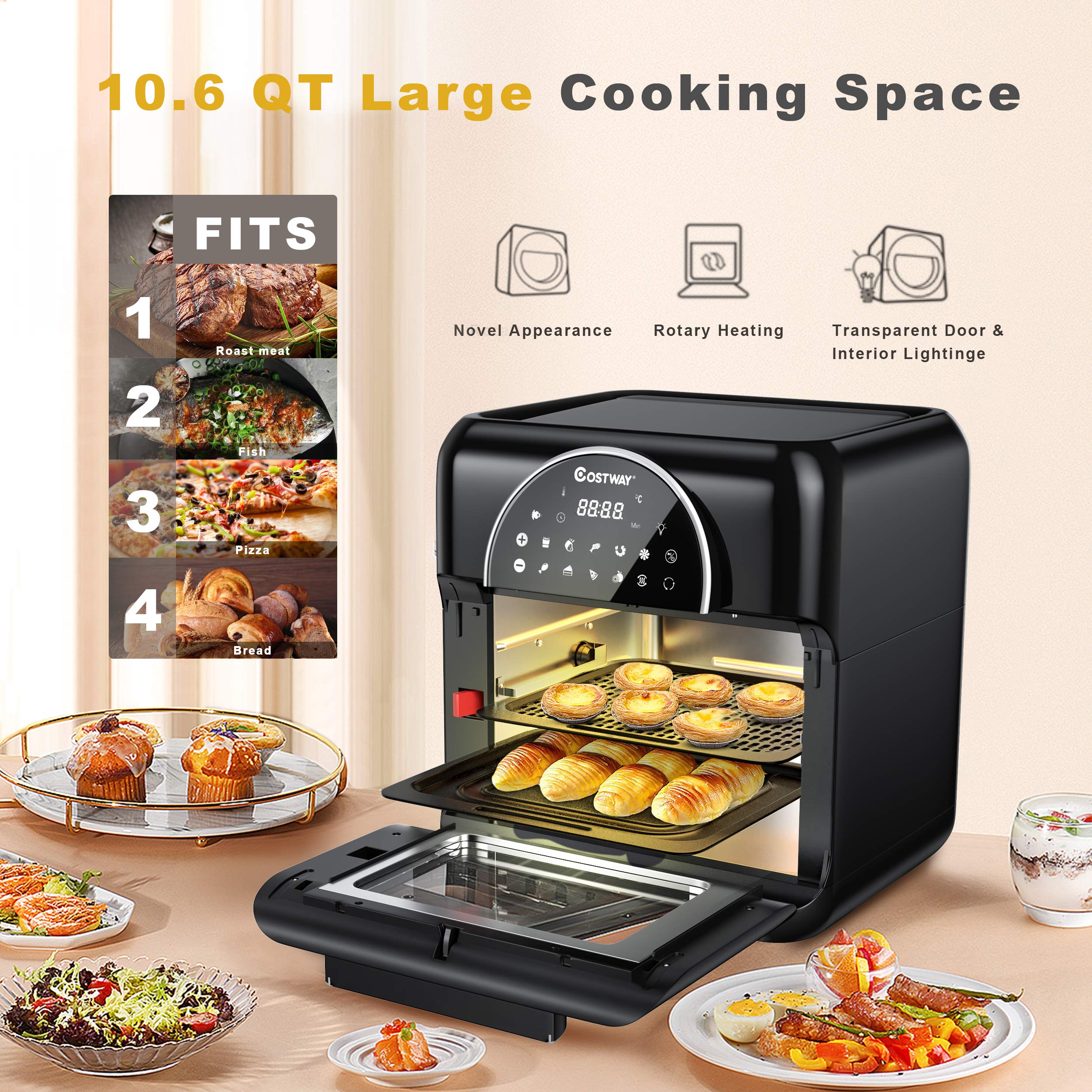 Costway 10.5QT Electric Air Fryer Oven with Digital Touch Screen, 1500W, Oil-Free, Black