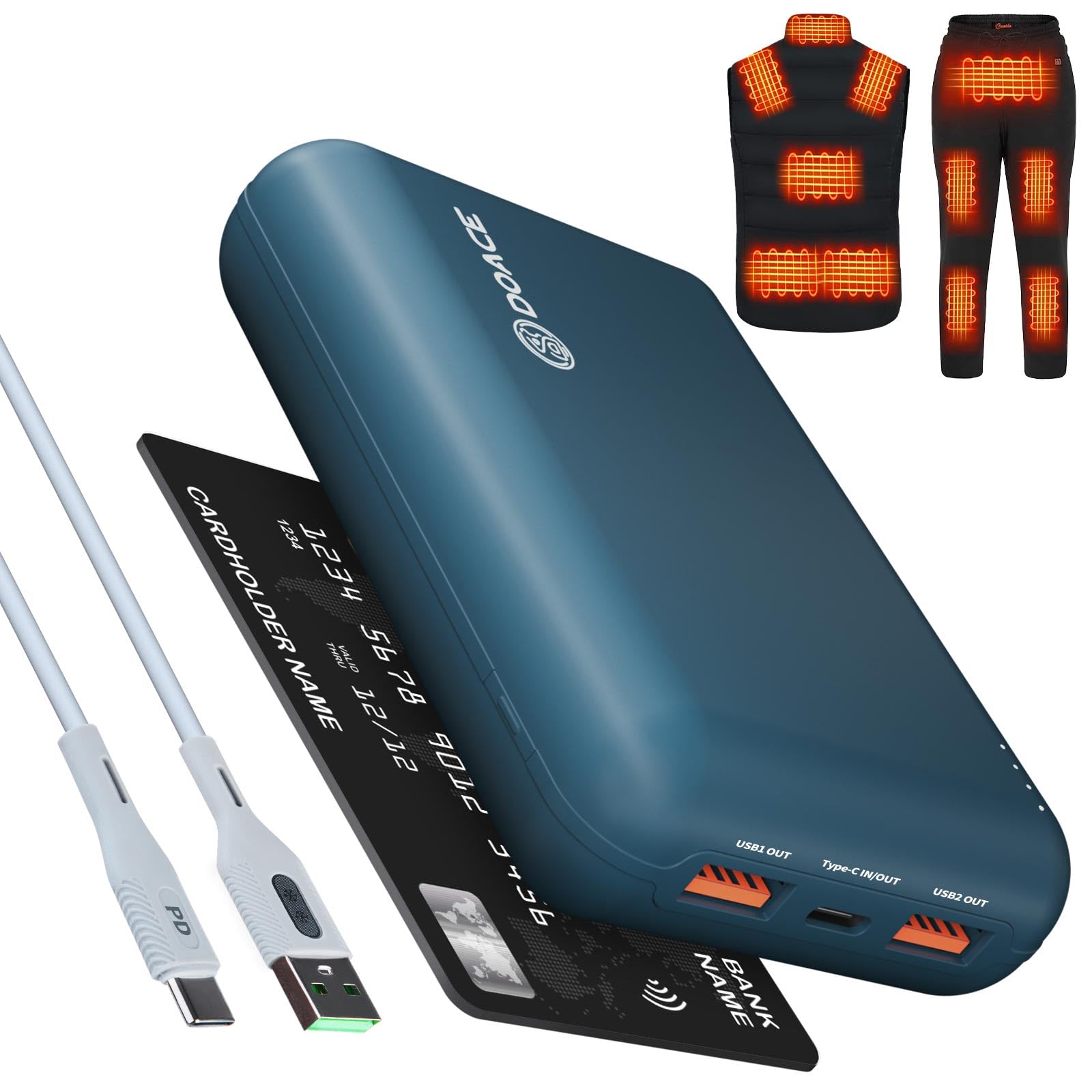 DOACE 12V/9V/5V 20000mAh Battery Pack for Heated Vest/Jacket/Pants, Power Bank Rechargeable, USB-C Portable Charger with 22.5W Power Delivery (Input & Output) for iPhone 14/13/ 12 Series, S10, Pixel 4