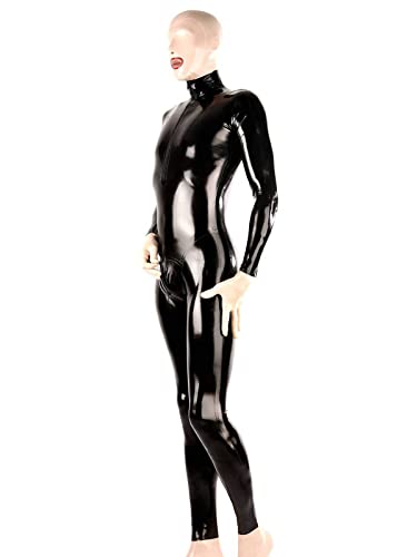Sexy Black Latex Catsuit with Front Zip and Crotch Zip Rubber Jumpsuit Handmade Imitation Uniform Bodysuit W/o Hood,Black,Women-S