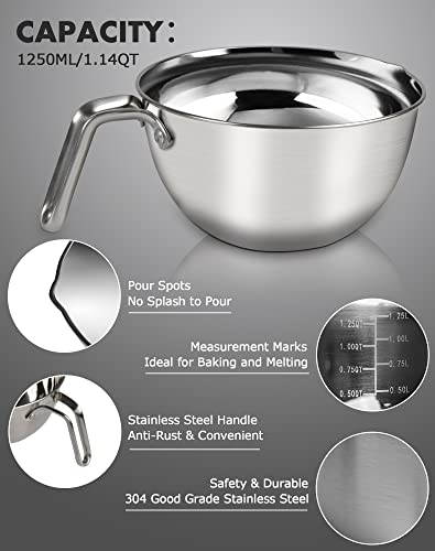 Marsheepy Double Boiler Pot Set,1250ML/1.1QT Mixing Bowl for Chocolate Melting, 2200ML/ 2QT 304 Stainless Steel Pot With Silicone Spatula for Melting Chocolate, Candy, Candle, Soap, Wax