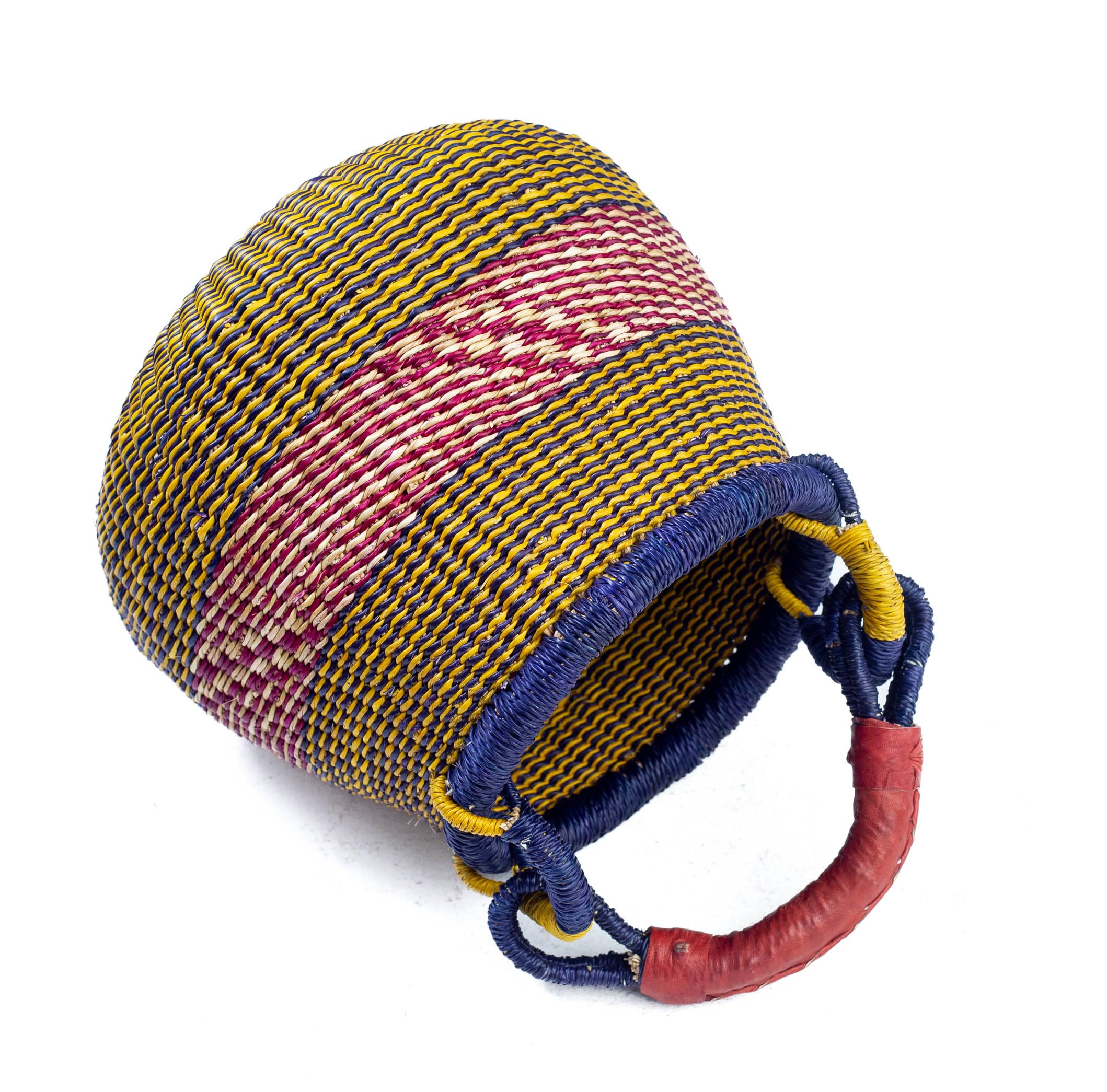 Market Basket Handwoven in Ghana Pot Shopping Bolga Leather Handle Storage African Basket (Large)