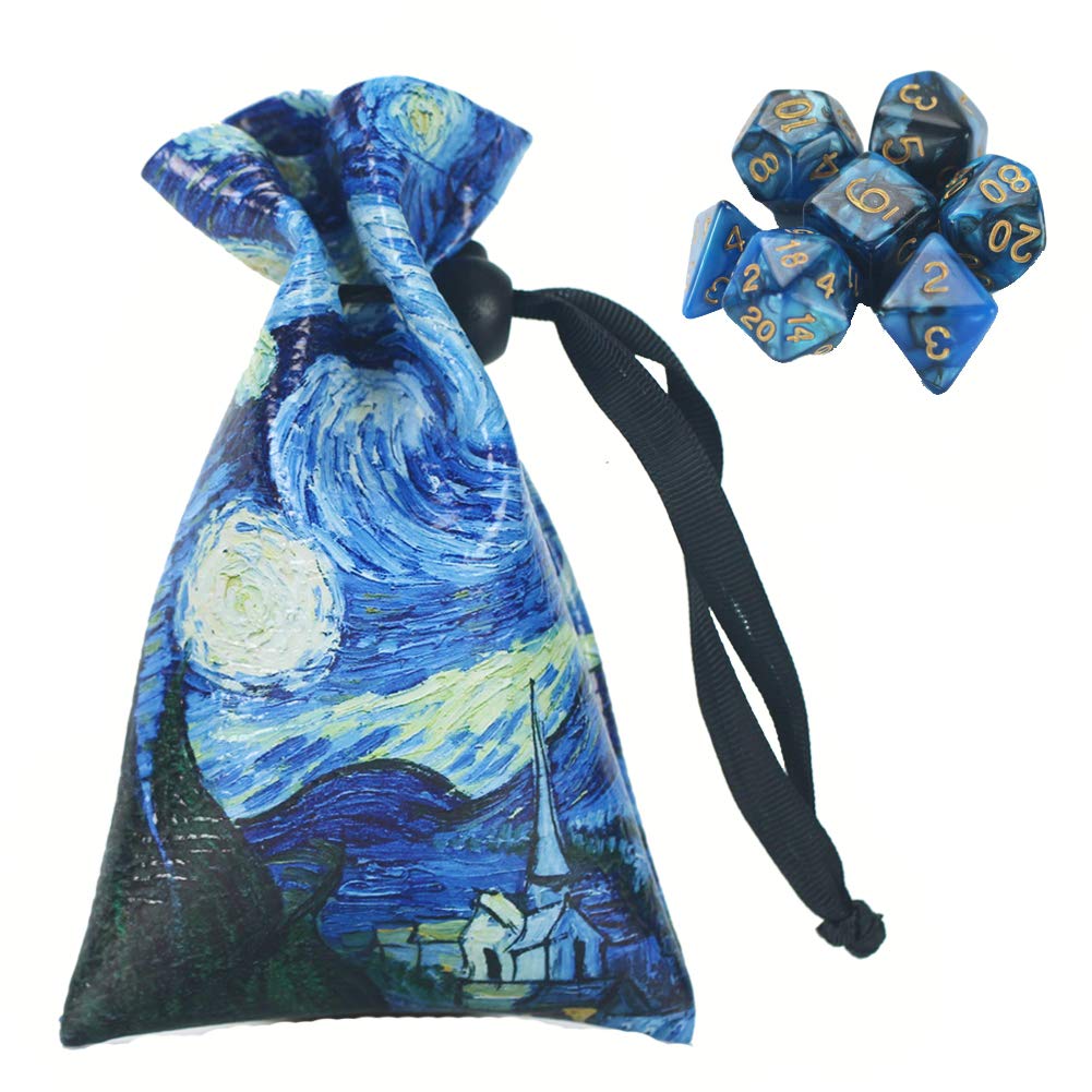 QIELIZI DND Dice Bag Pouch,PU Leather Dragon Dice Pouch Wih 7 Die Set Perfect for Dungeons and Dragons RPG D&D Dices, Coins and Accessories(Starry Sky)