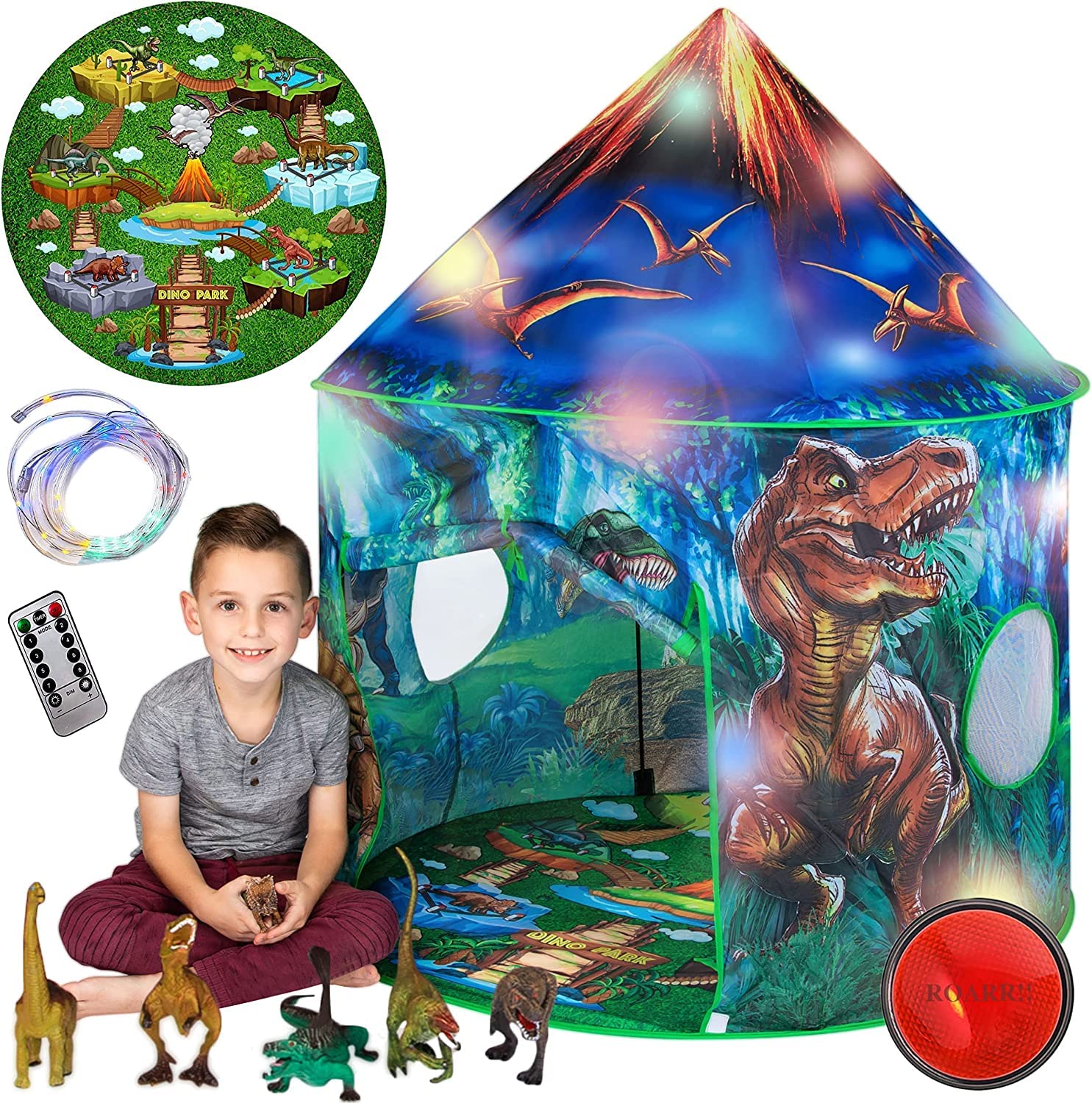 Dinosaur Pop Up Kidsā Play Tent by Toy To Enjoy Indoor & Outdoor, Boys & Girls Includes Remote Controlled Lights, Roar Sound Button & 6 Different Toys