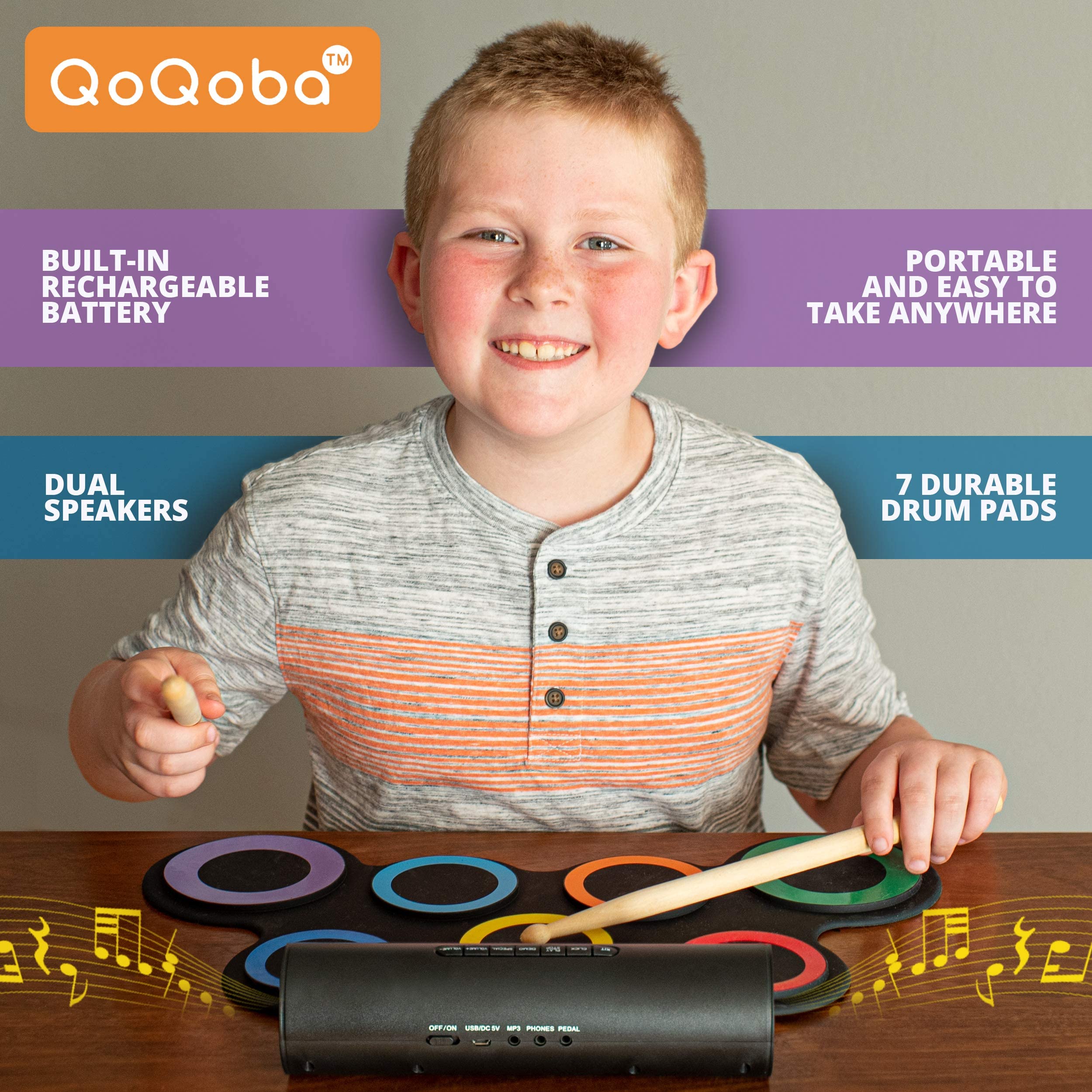 QoQoba Electronic Drum Set for Kids | Adult Beginner Pro MIDI Drum Practice Pad Kit w/Headphone Jack | Drum Sticks | Great Holiday Birthday Gift for Kids Drum Set (RAINBOW)