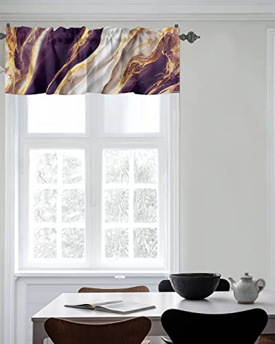 Window Curtain Valances for Kitchen Windows,Purple Gold White Marble Texture Rod Pocket Short Window Valance Natural Cracks Granite Stone Cafe Treatment Valance for Living Room/Bathroom/Bedroom