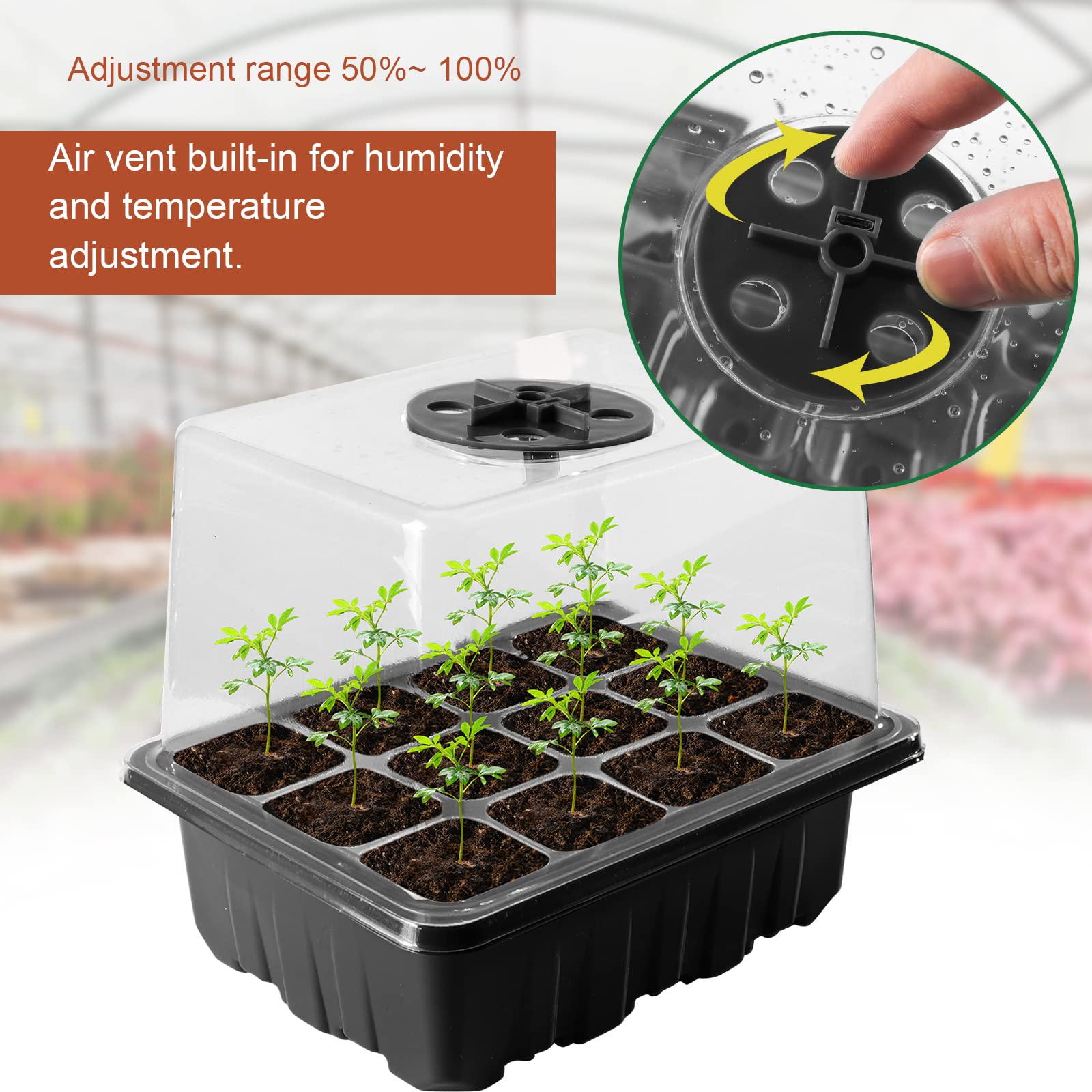 Cookmaster Seed Starter Tray, 6 pack Seed Starter Kit with Grow Light, Seedling Trays with Humidity Domes, Covers Height 3.9", Indoor Gardening Plant Germination Trays (12 Cells per Tray)