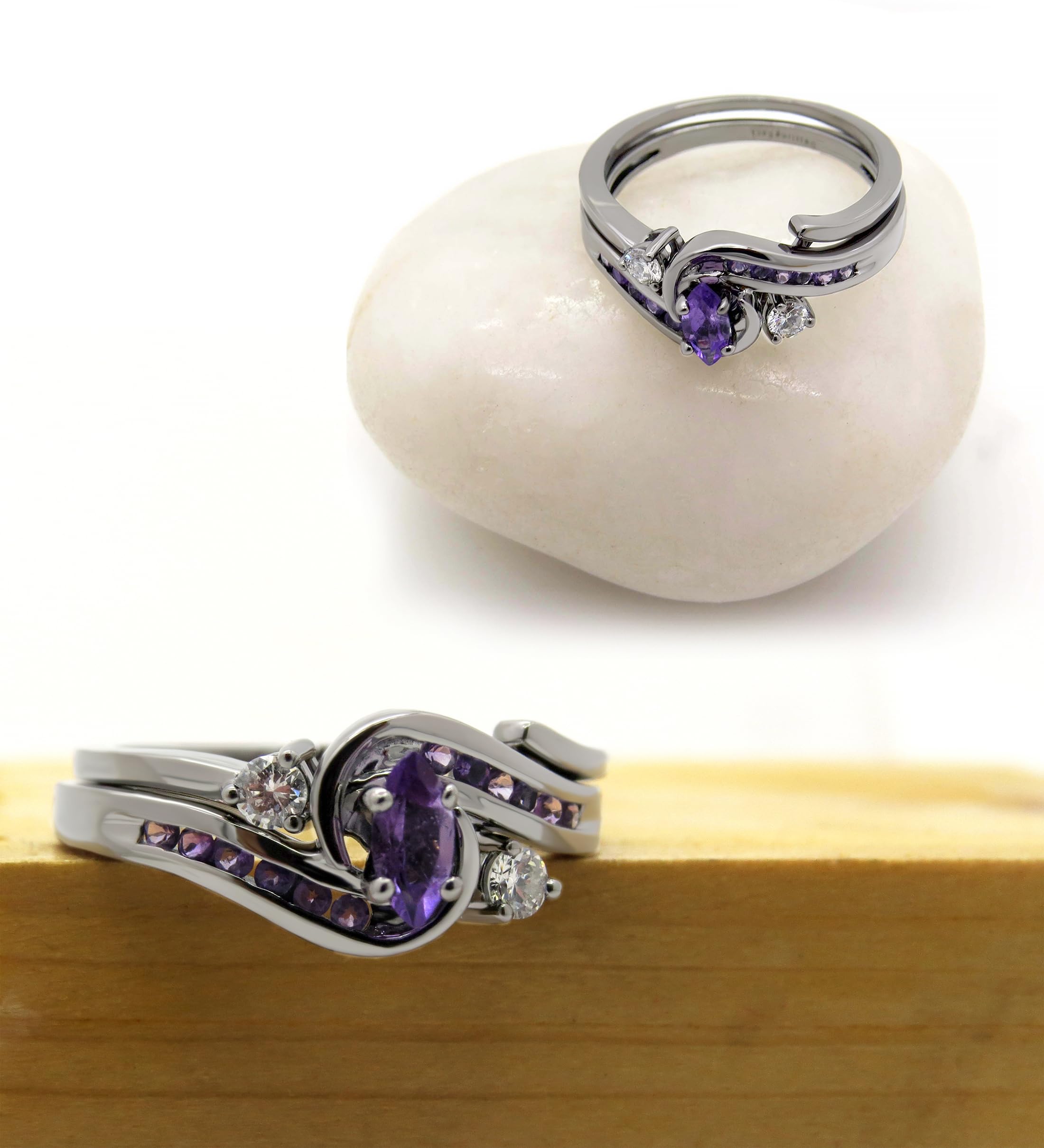 Dazzlingrock Collection Black Rhodium Plated 6X3 MM Marquise Amethyst, Round Amethyst and Diamond Set, 14K White Gold, Size 10