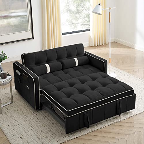 JEEOHEY Sleeper Sofa Couch w/Pull Out Bed, 55.5" New Upgraded Tufted Velvet Convertible Sleeper Sofa Bed, Small Love seat Sofa Bed w/ 2 Pillows for Small Space, Living Room, Apartment, Black