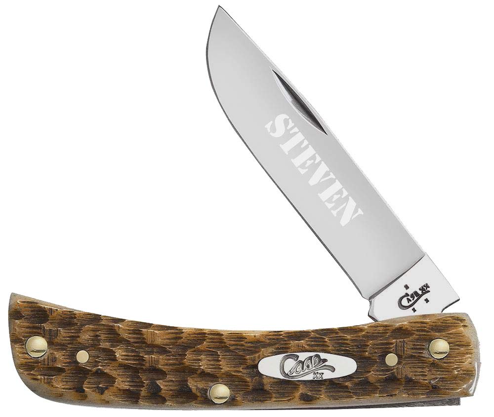 Personalized Case Amber Bone Peach Seed Jig Sod Buster Jr Pocket Knife with Free Text Laser Engraving