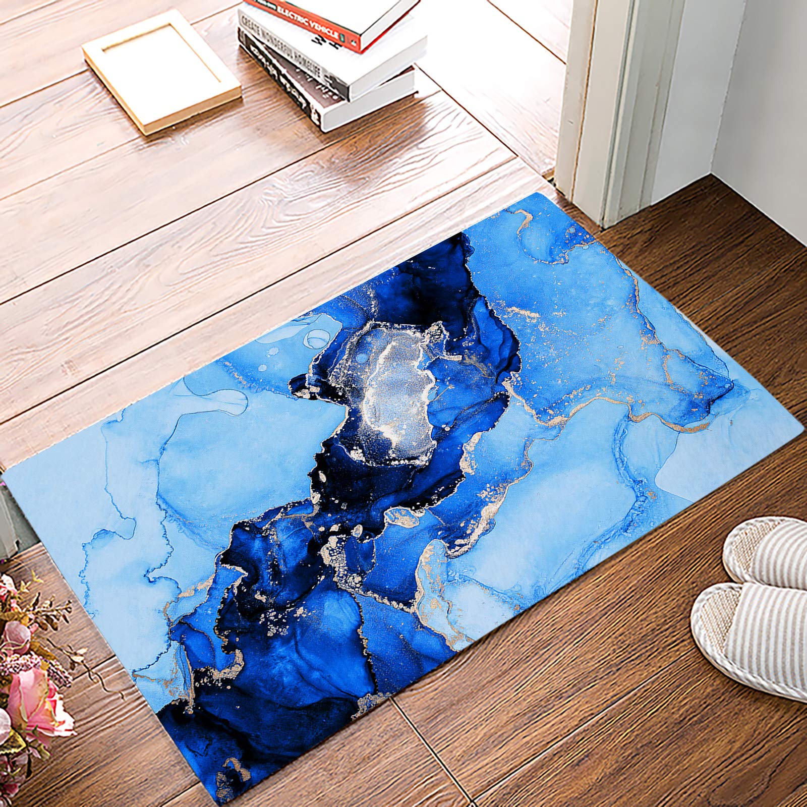 Door Mat for Bedroom Decor, Marble Texture Abstract Blue Gold Glitter Splatter Floor Mats, Holiday Rugs for Living Room, Absorbent Non-Slip Bathroom Rugs Home Decor Kitchen Mat Area Rug 18x30 Inch
