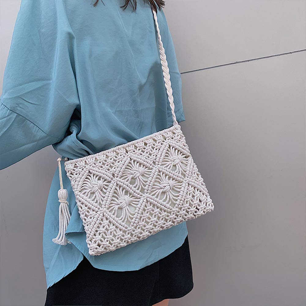 QTKJ Women's Summer Beach Straw Crochet Clutch Bag Shoulder Bag Crossbody Bag Woven Envelope Tassel Bag with Zipper (White)