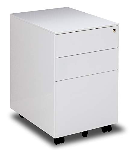 Danxee Fully Assembled Modern Design 3 Drawers Metal Mobile File Cabinet for Legal/Letter Size with Lock Key on Wheels for Home Office (White)