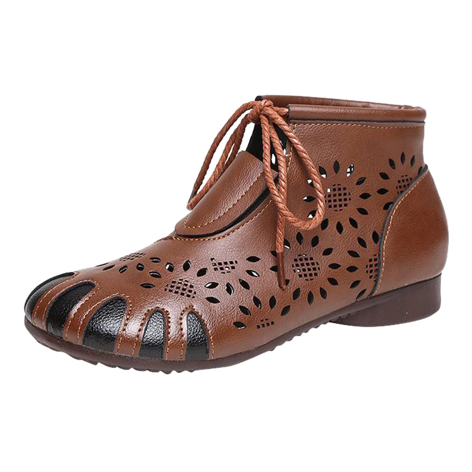 FASDNENDYS Ladies Fashion Soft Leather Beef Tendon Soft Bottom Flat Heel Hollow Breathable Round Toe Shoes High Top Platform Shoe Coffee