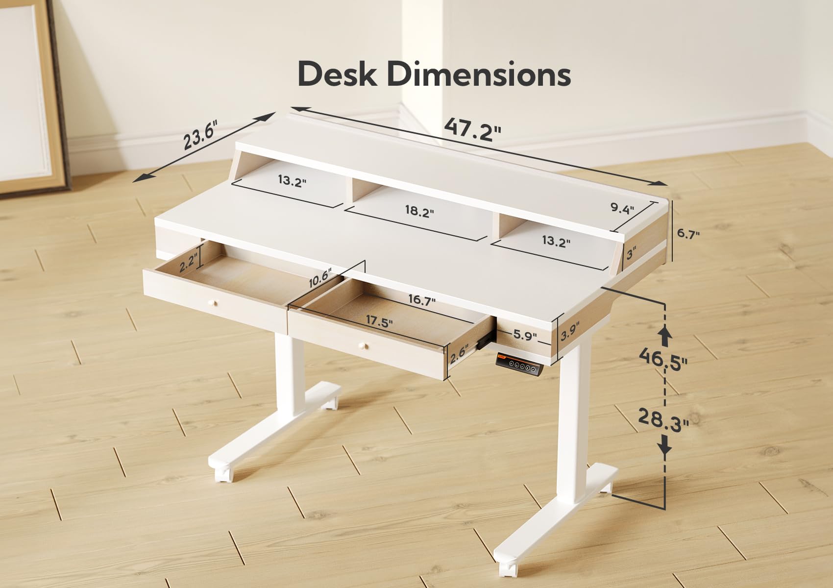 Claiks Standing Desk with Drawers, Electric Adjustable Standing Desk Adjustable Height, Sit Stand Up Desk with Storage Shelves & Wheels, 48 Inch White