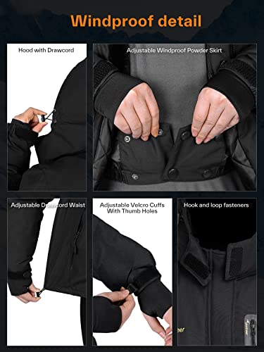 Sportneer Men Waterproof Ski Jackets: Winter Spring Warm Snow Coats Windbreaker Hooded Raincoat Jacket Black L