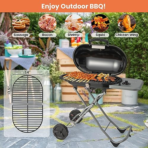 Giantex Gas Grill, Portable Propane Grill with 15,000 BTUs Burner, Side Table, 2 Wheels, Grease Tray, Metal Frame, Folding Stand-Up Propane Gas Grill for Outdoor Cooking Camping Barbecue (Black)
