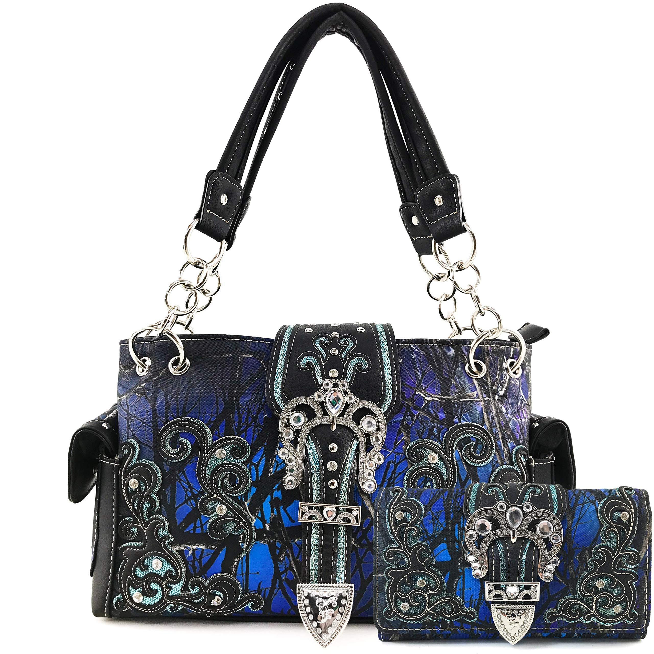 Zelris Camouflage Shine Glow Buckle Women Conceal Carry Handbag with Wallet Set (Blue)