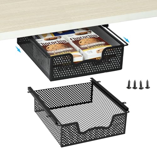 JKsmart 2-Pack Hanging Pullout Drawer Basket, Sliding Under Shelf Storage Basket, Under Cabinet Storage Organizer Wire Basket Attaches to Shelf, Space Saving for Kitchen Counter Pantry Cupboard