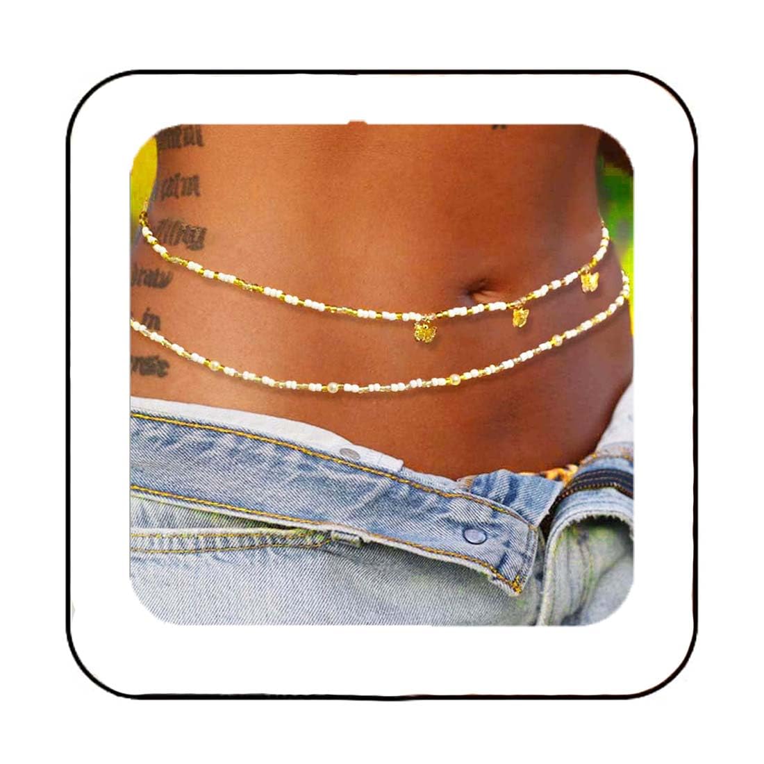 Cosydays Elastic Waist Bead Belly Chain Butterfly Body Beaded African Belly Beads Accessories for Women