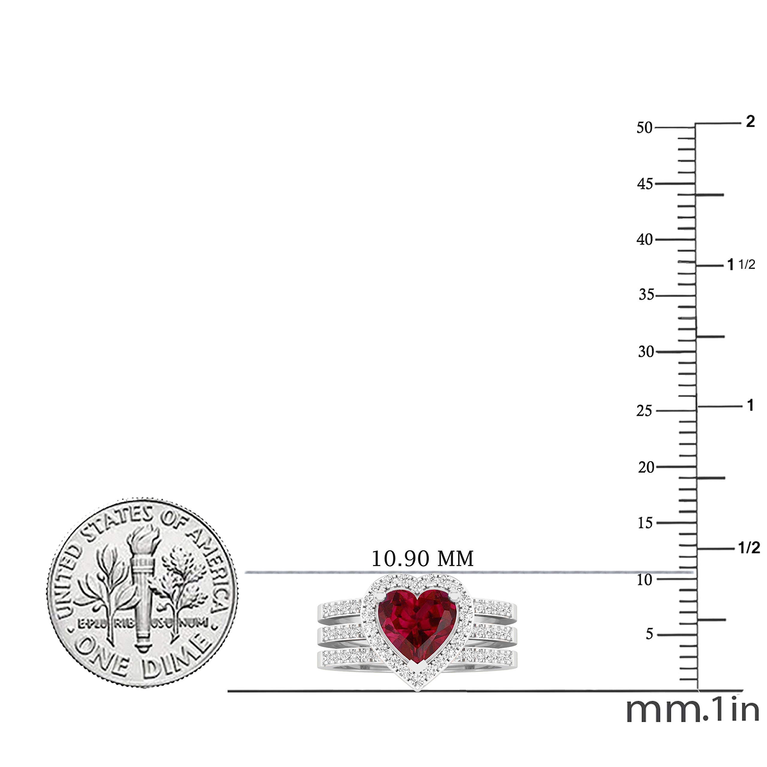 Dazzlingrock Collection 7 MM Heart Lab Created Ruby & Round Natural Diamond Women Engagement Ring Double Band Set, Sterling Silver, Size 9.5
