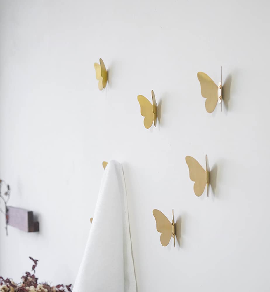 Primst 3 PCS Brass Butterfly Hooks with Screws, Decorative Wall Mounted Hooks Hat Rack Robe Hook for Bathroom Kitchen Entryway (Gold)
