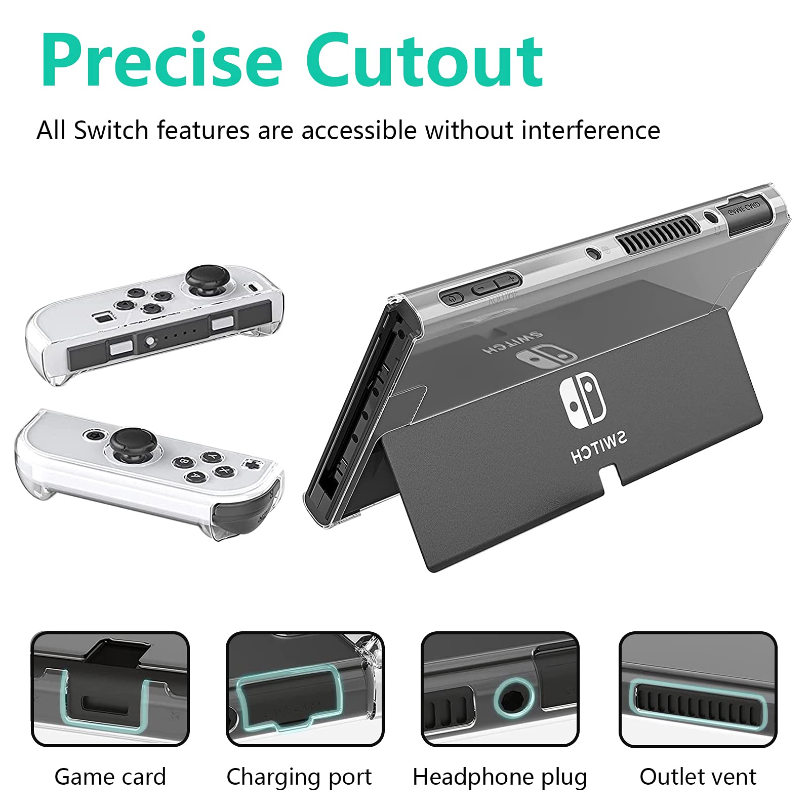 Dockable Case Compatible with Nintendo Switch OLED 2021, Protective Cover Case for Switch OLED Console and Joy-Con Controller with 2 PCS Tempered Glass Screen Protector and 8 PCS Thumb Grips (Clear)