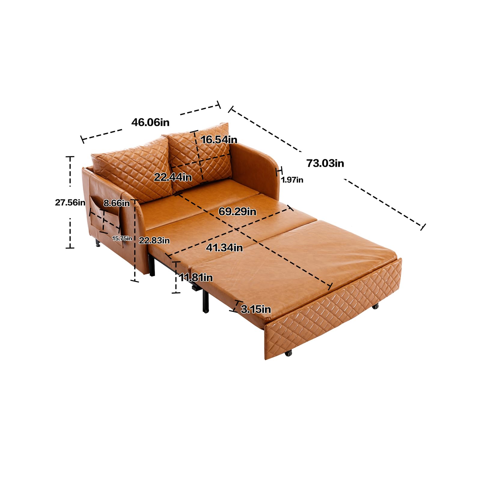 KINFFICT PU Leather Pull Out Sofa Bed, Convertible Small Loveseat Sleeper with Storage Drawer and 2 Pillows, 2 in 1 Futon Couch with Removable Pocket, Modern Love Seat for Living Room, Light Brown