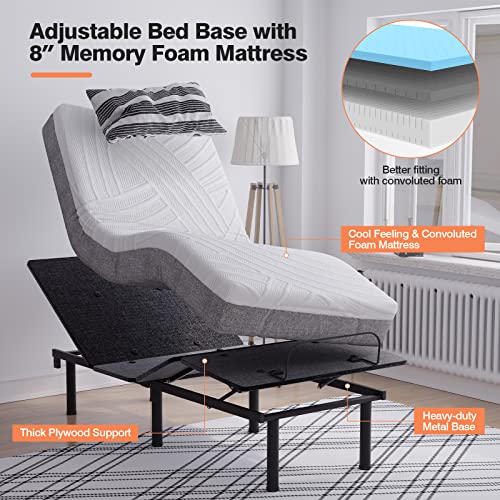Giantex Twin XL Adjustable Bed Frame w/ 8β Cool Gel Infused Memory Foam Mattress, Electric Adjustable Bed Combo w/Head & Foot Adjustment, Remote Control, LED Light & Dual USB Ports, Convoluted Foam