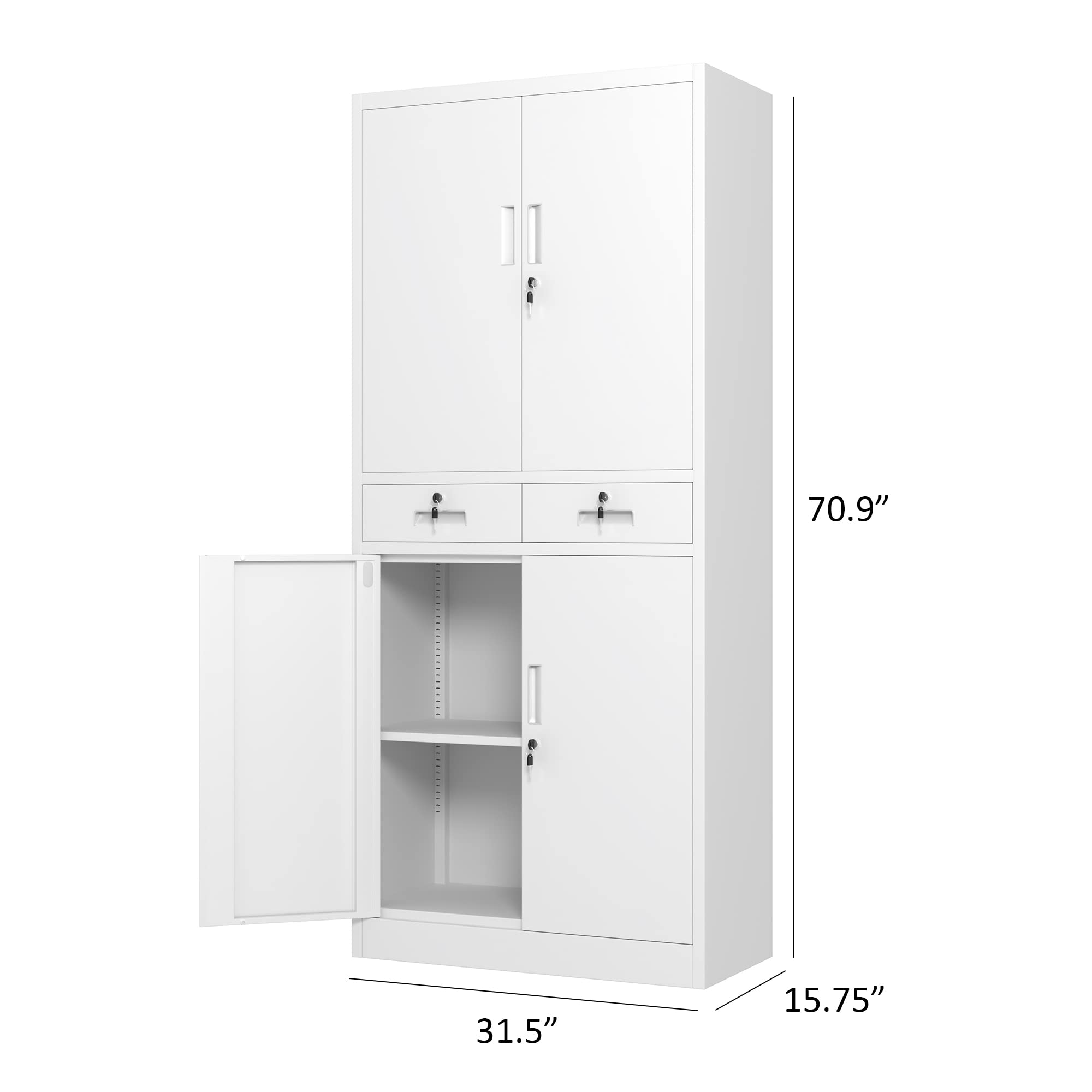 JINGUR Metal Storage Cabinet with Locking Doors and 2 Drawers, Lockable Steel Storage Cabinets with Adjustable Shelves for Home Office Garage Kitchen Pantry (Black)