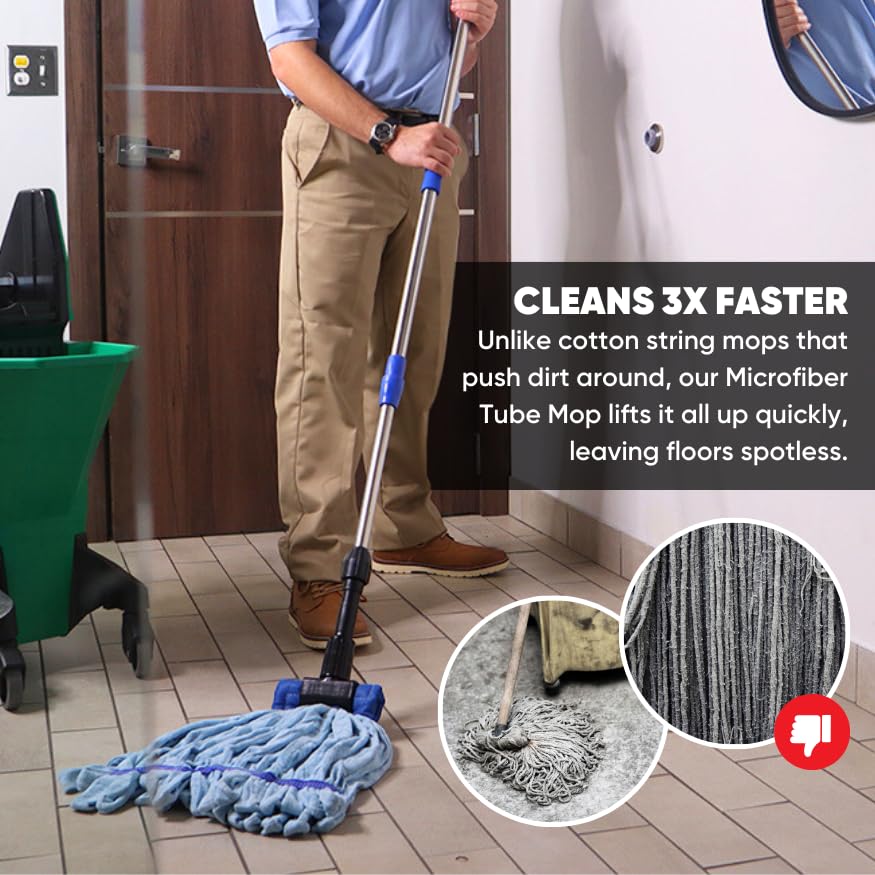Large Microfiber Tube Mop with Stainless Steel Handle | Industrial Wet Mop | Absorbent and Durable with Great Cleaning Power (Green)