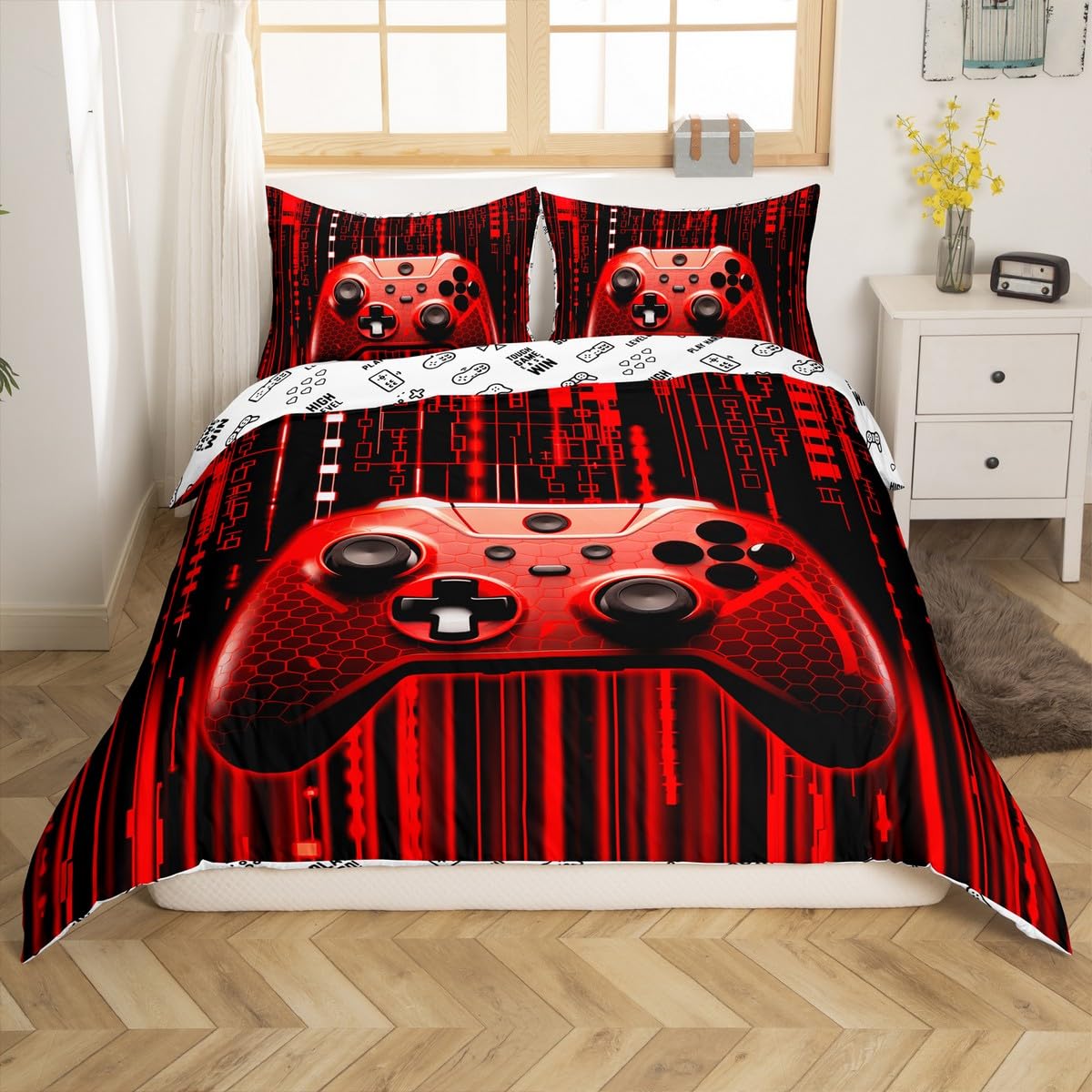 Gaming Gamepad Kids Duvet Cover Set Full Size,Neon Light Geometric Honeycomb Hexagon Bedding Set,Boys Girls Room Decor,Modern Videogames Controller Comforter Cover,Red Quilt Cover,2 Pillowcases
