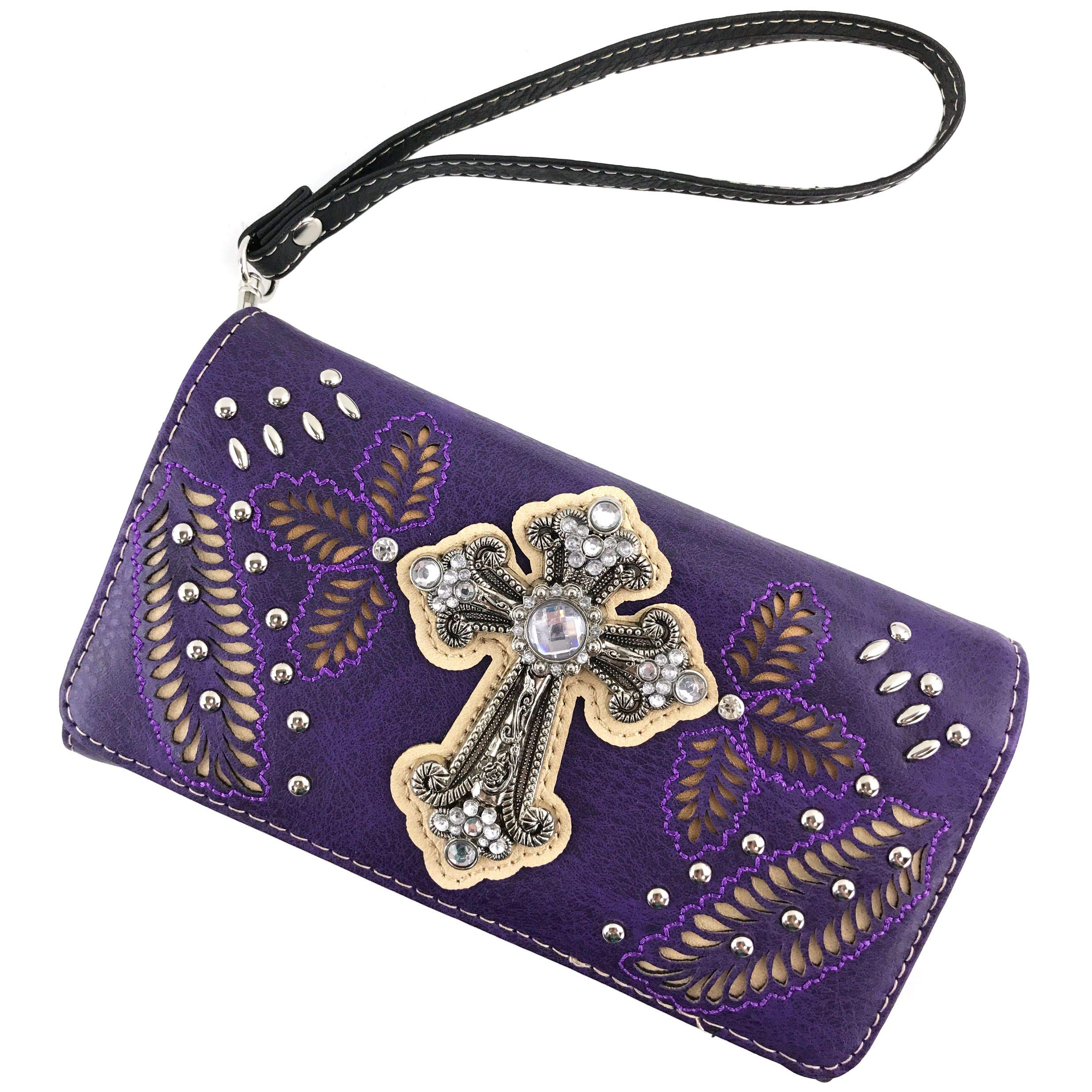 Zelris Fall Fern Leaf Western Cross Women Crossbody Wrist Trifold Wallet (Purple)