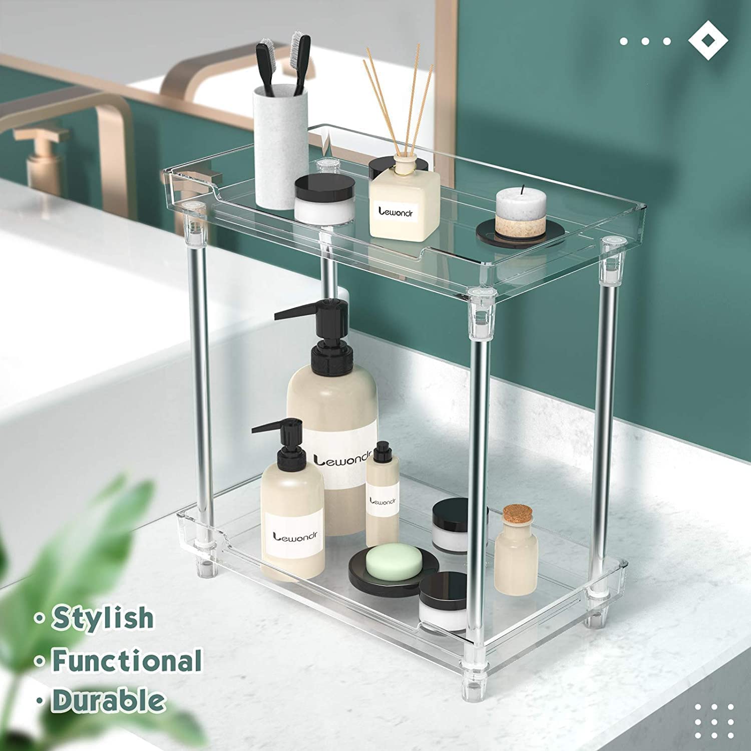 Elebac Bathroom Organizer Countertop Storage 2-Tier Acrylic Vanity Tray, Sink Counter Dresser Makeup Organizer for Cosmetic Skincare Lotion Perfume, Multi-Functional Anti-Slip Organizer for Bathroom