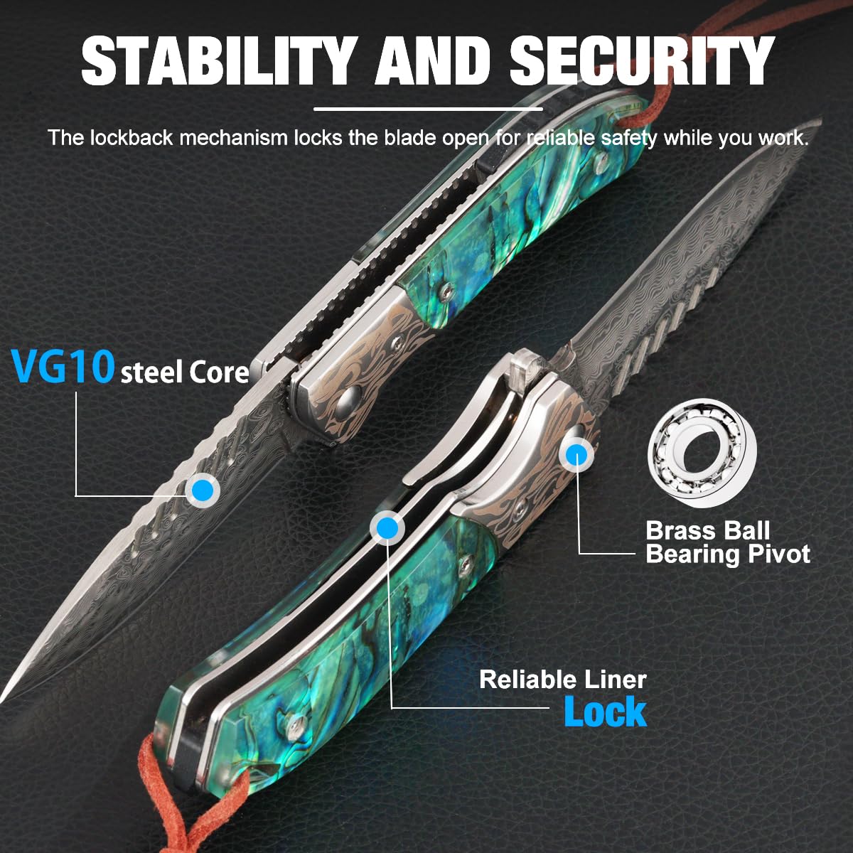 Cottonbell Damascus Pocket Knife for Men Women, Unique Abalone Seashells Handle Folding Knives,EDC Knife Survival Knife with Safety Liner Lock