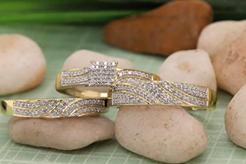 Dazzlingrock Collection Round White Diamond Engagement Trio Ring Set (0.42 ctw) in 10K Yellow Gold, Women size 9 and Men size 11
