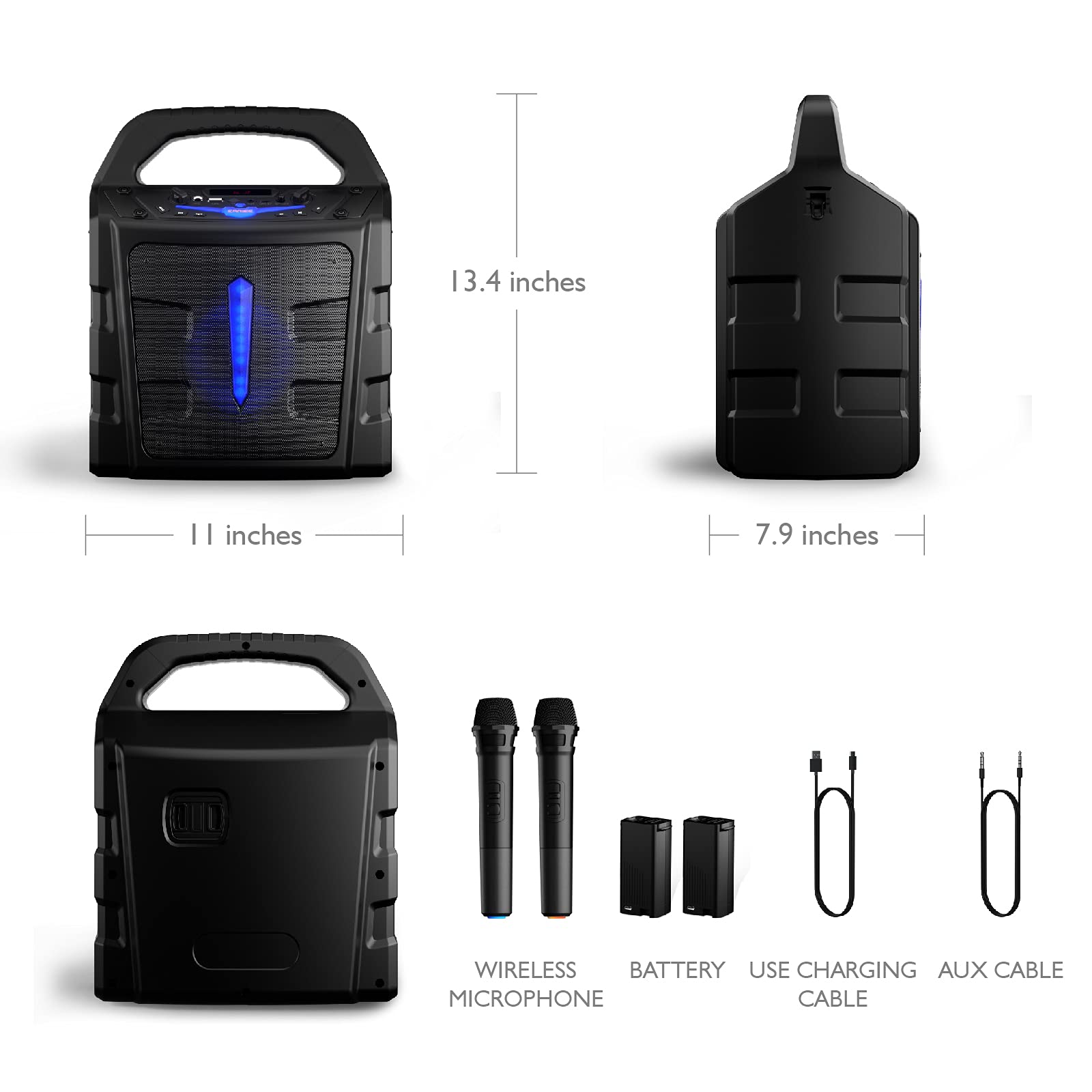 EARISE Vigorowl T65 Portable PA System with 2 Rechargeable Batteries, 30W Powerful Nonstop Playing Speaker, Bluetooth Karaoke Machine with 2 Microphones, for Outdoors and Indoors