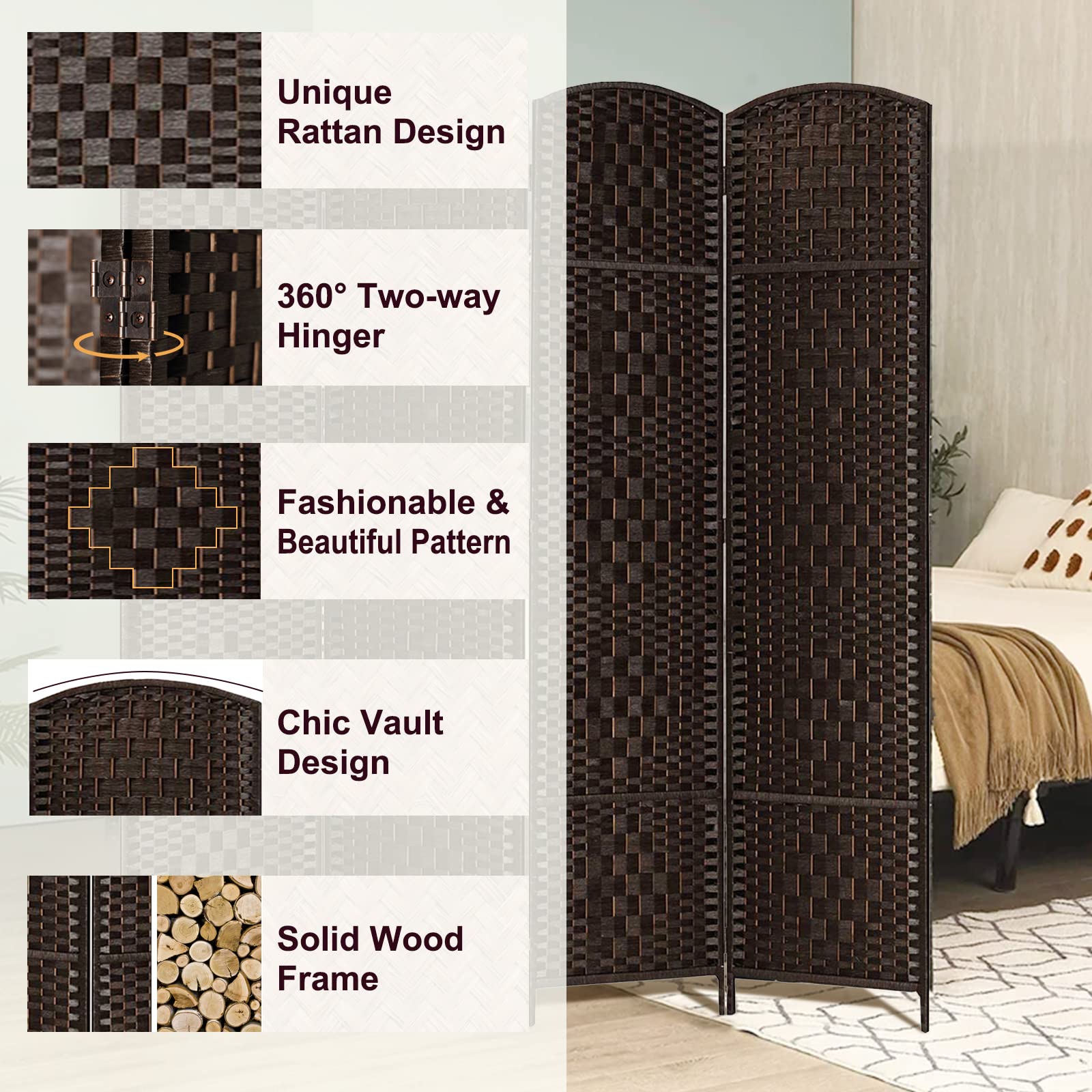 RHF 6 ft.Tall Room Divider, Room Dividers and Folding Privacy Screens, 15.7" Privacy Screen 4 Panels Room Divider Wall Partition, Dark Coffee