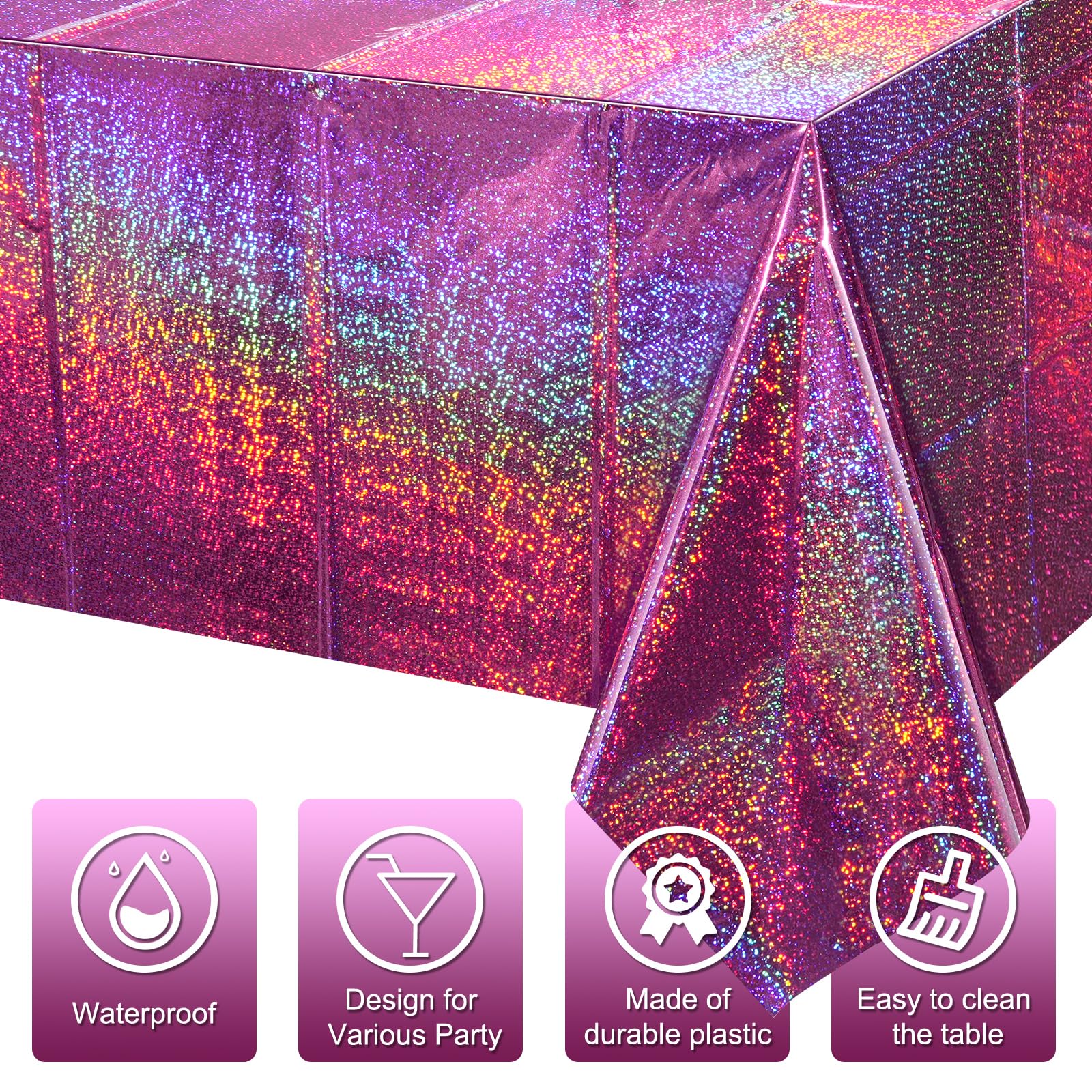 FunnyPars 3 Pack Pink Iridescent Table Cloth for Parties, Pink Plastic Shiny Laser Table Covers, Disposable Holographic Foil Tablecloth Iridescent Party Decorations for Girl Birthday Wedding, 54x108