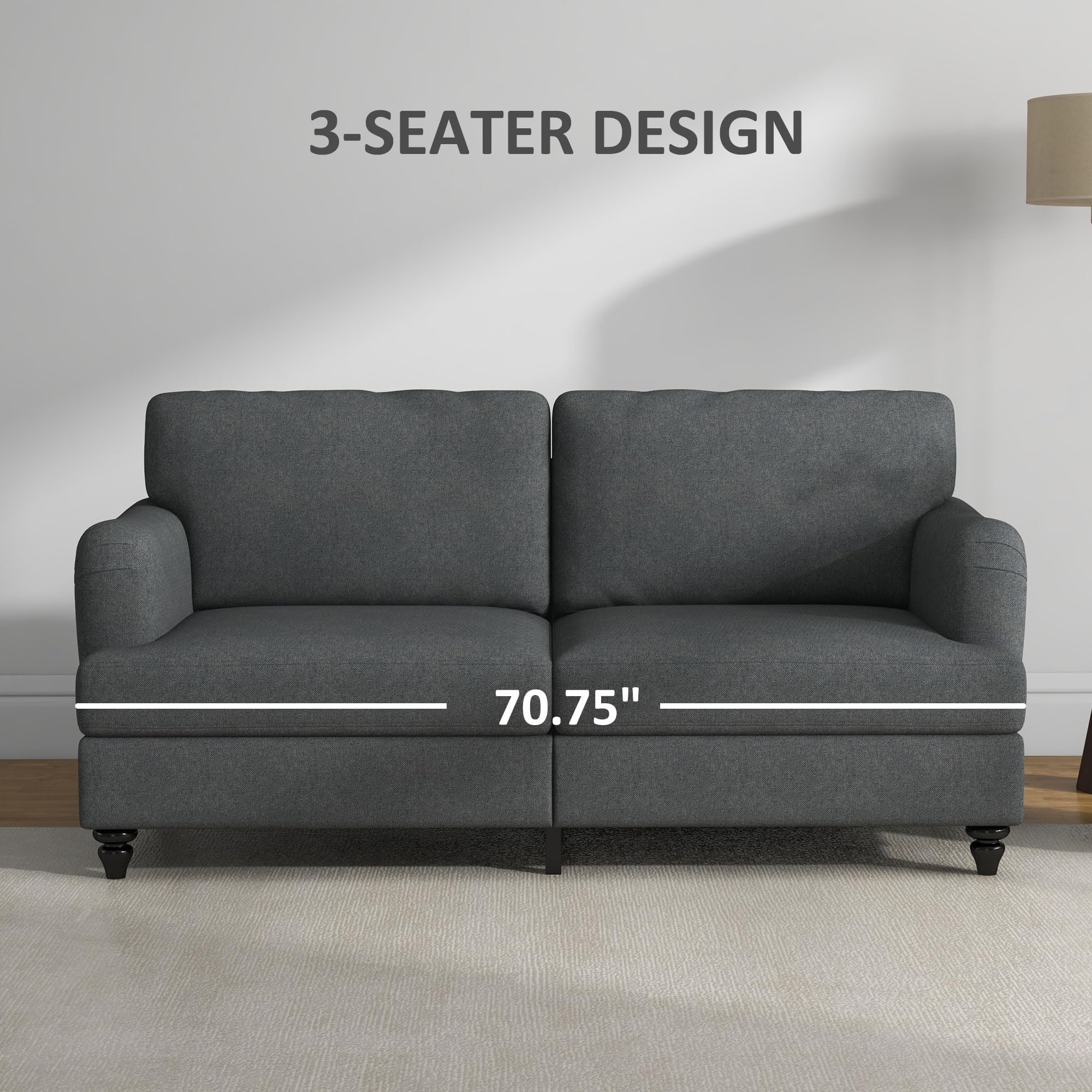 HOMCOM Modern 3-Seater Sofa for Bedroom, 71" Linen Fabric Couch with Slatted Frame and Rubber Wood Legs, Dark Gray