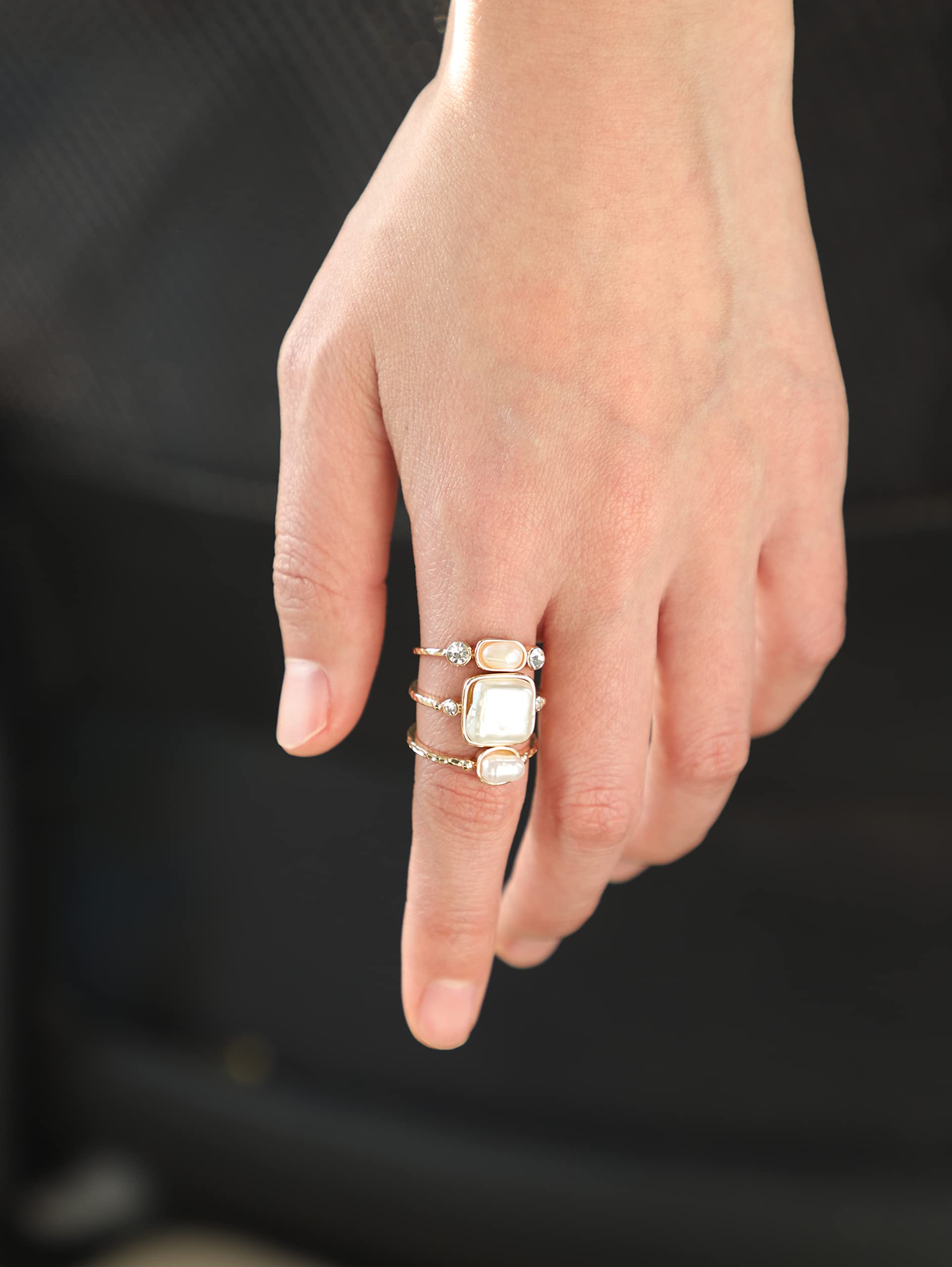 Donabus Organic Pearl Ring Set with Hammered Metal Texture 90's Ring Pack Gold and Pearl Ring Cocktail Ring Pretty Pearl Resin Ring