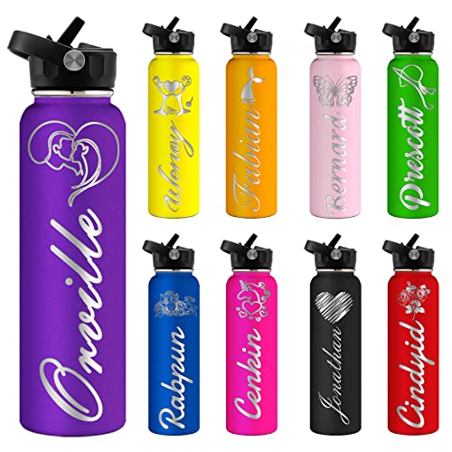 Personalized Water Bottles Customized Insulated with Straw Cover 24oz Leak Proof Custom Stainless Steel Thermos for School Sports
